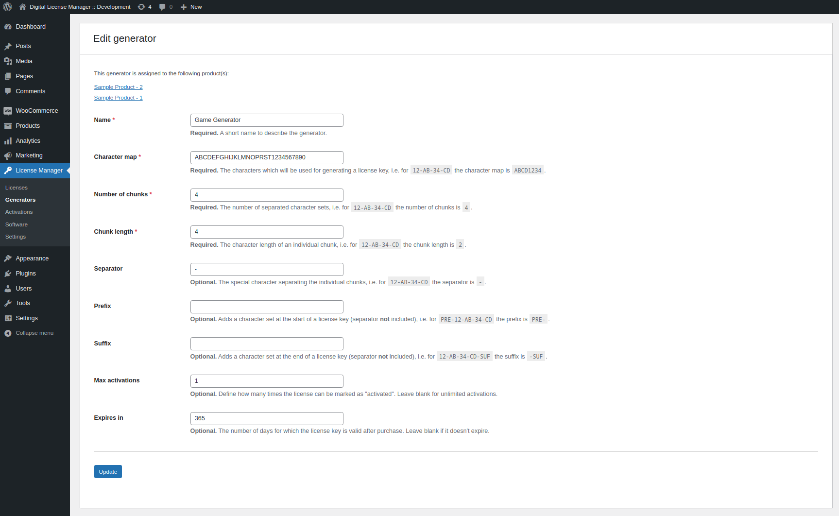 Edit Generators - Digital License Manager