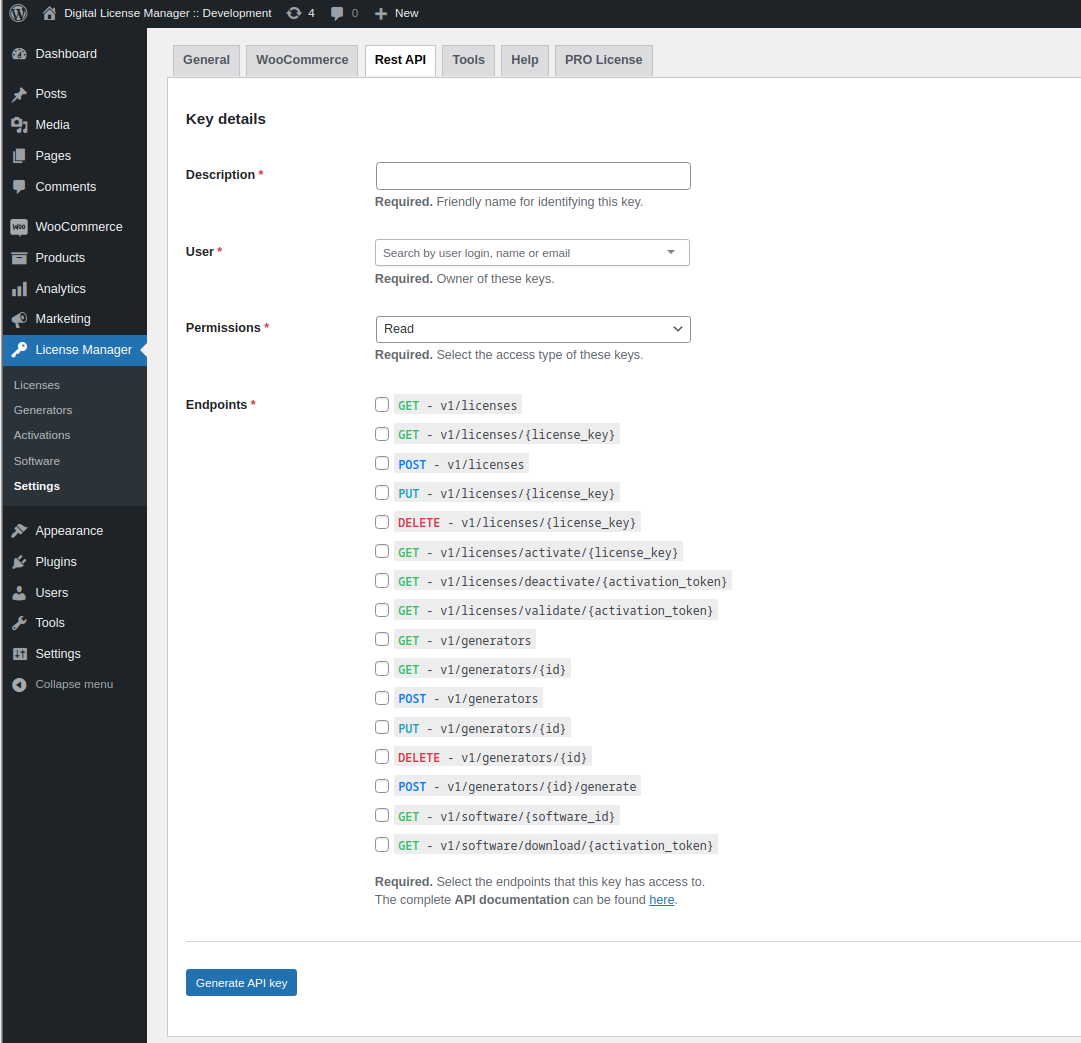 Create API Key - Digital License Manager