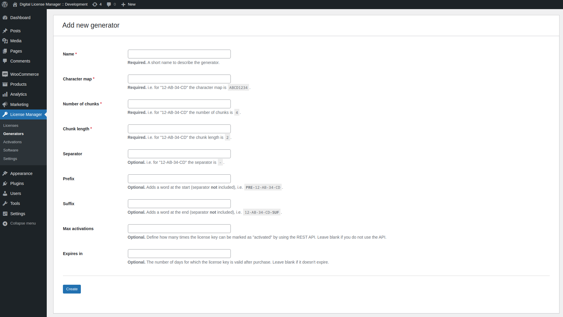 Create Generators - Digital License Manager
